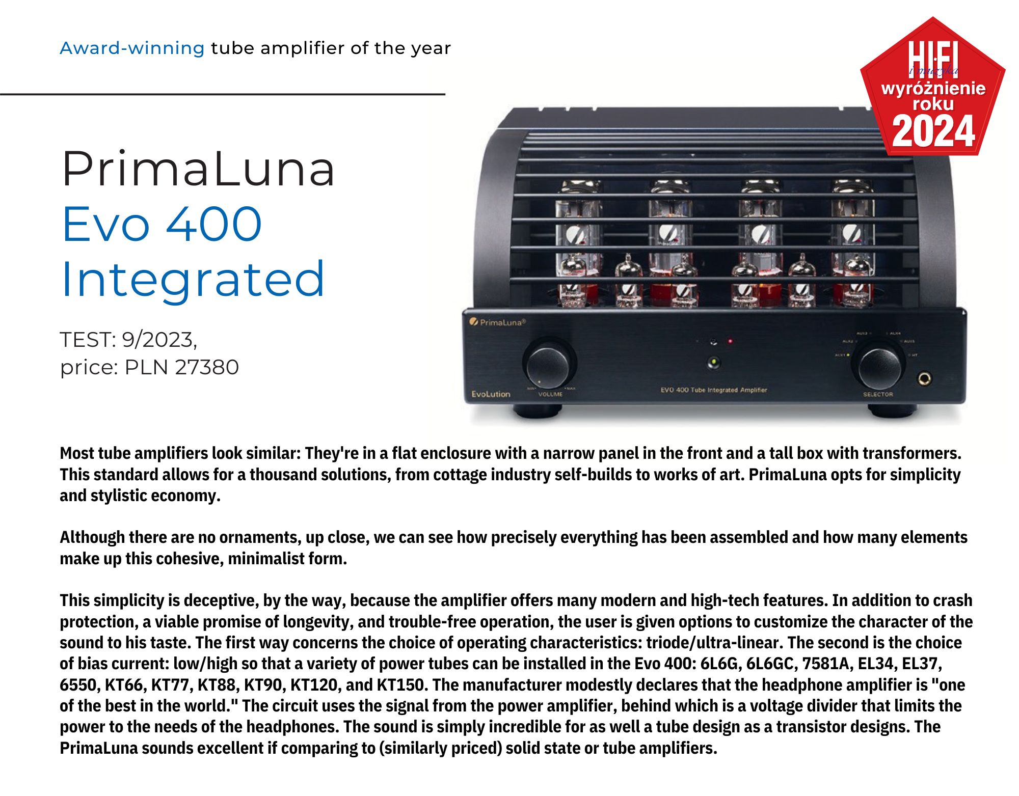PrimaLuna EVO 400 Tube Integrated Amplifier wins Product Of The Year ...